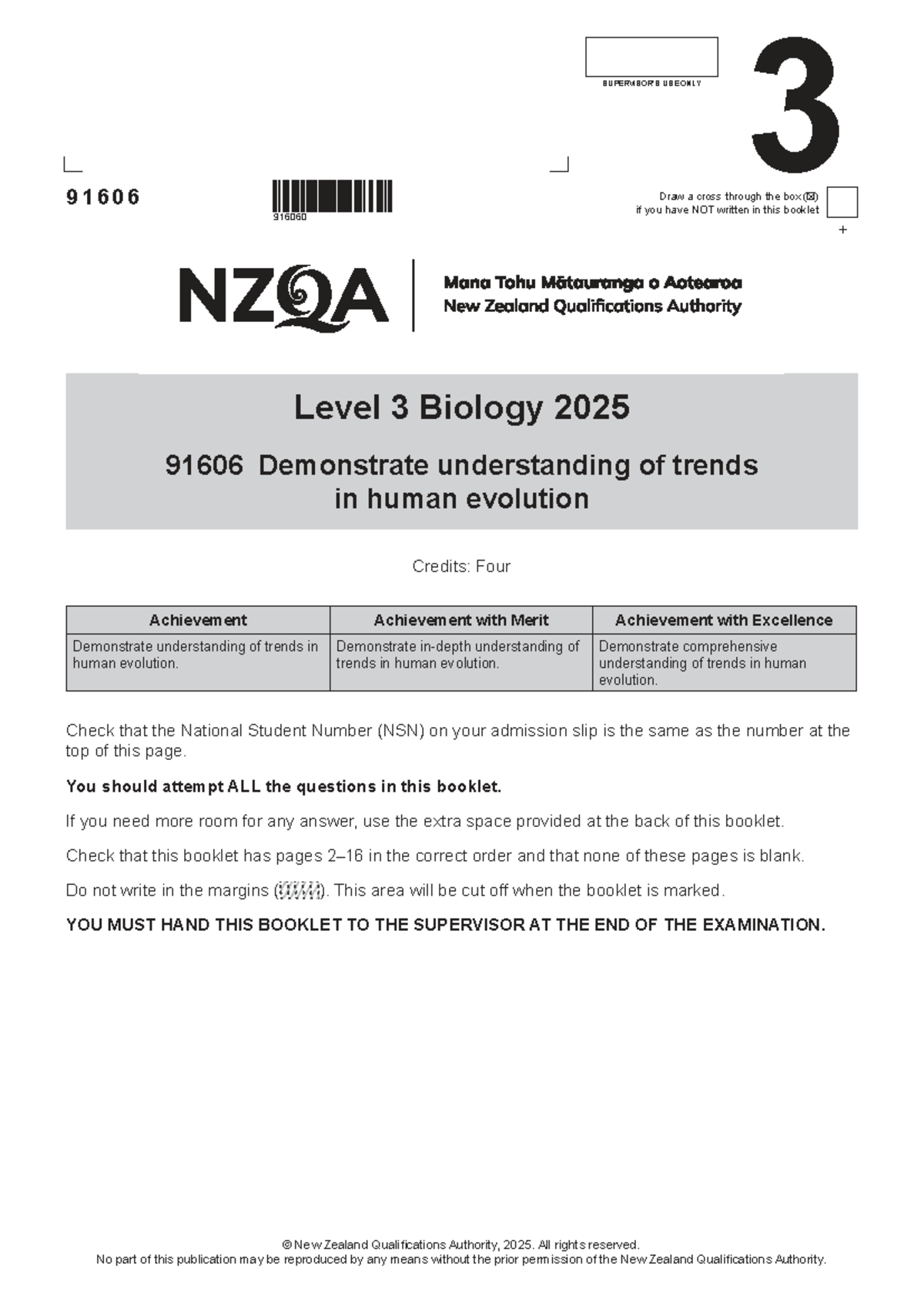 Biology 91606 Level 3 Exam 2025: Trends in Human Evolution - Studocu