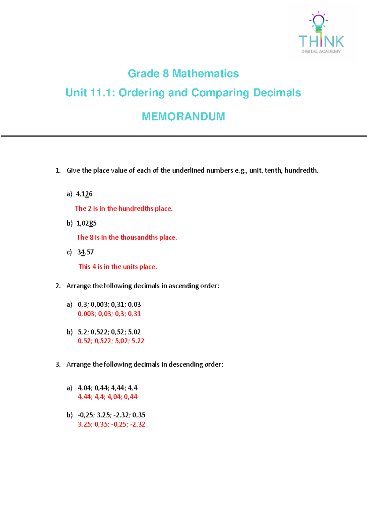 Grade 8 Math Unit 11.1: Ordering & Comparing Decimals Memo - Studocu