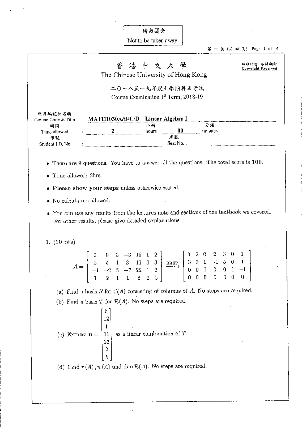 MATH1030 D - Linear Algebra I Final Exam Paper - Studocu