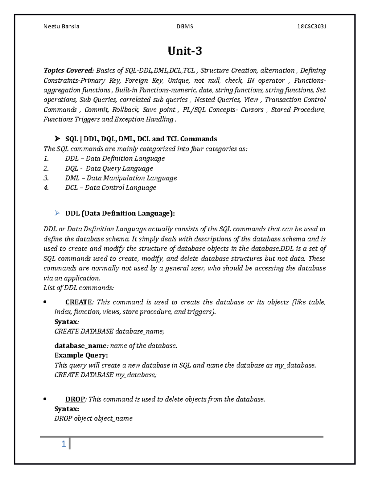 DBMS-102 Unit 3: SQL Basics and Transaction Control Notes - Studocu