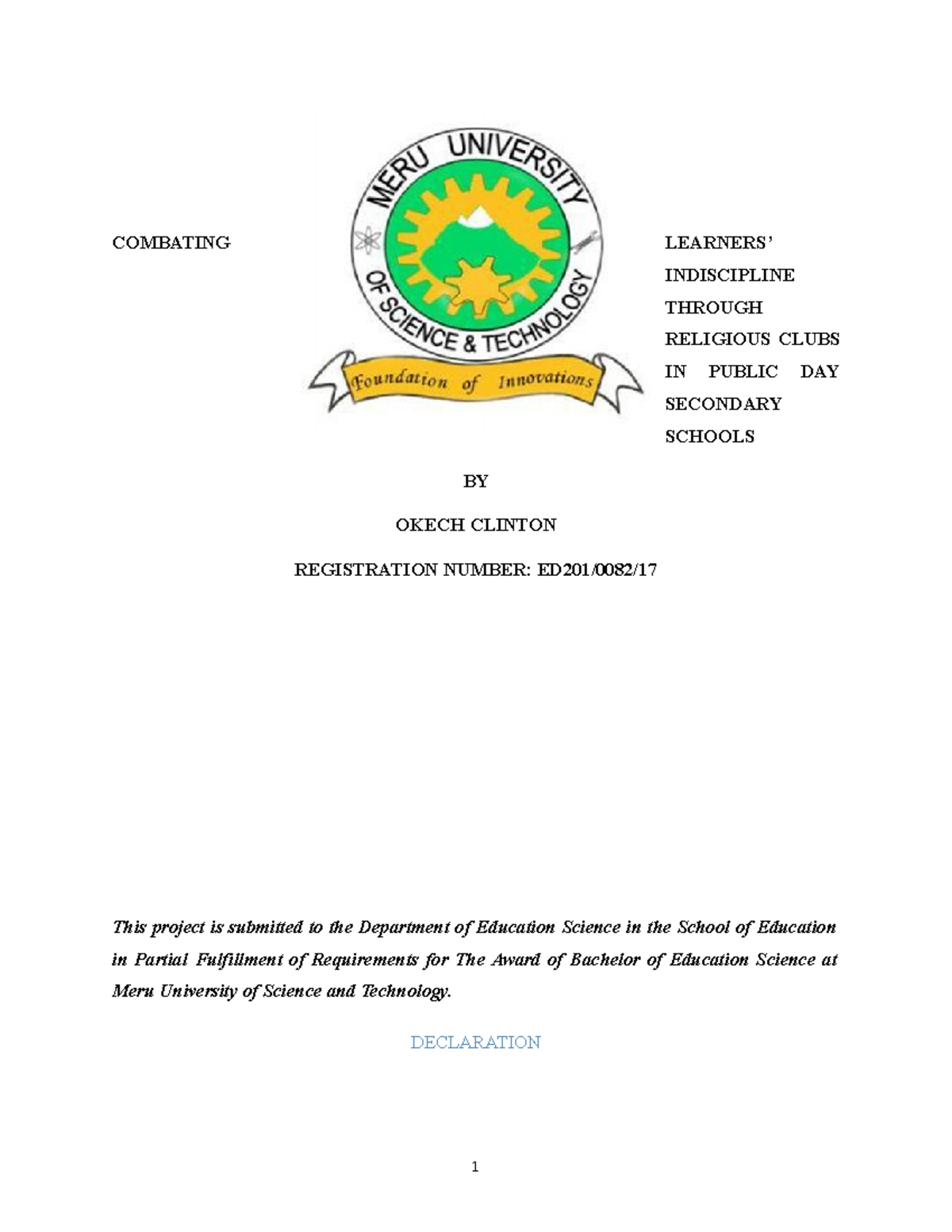 Final Research on Learners' Indiscipline via Religious Clubs (ED201 ...