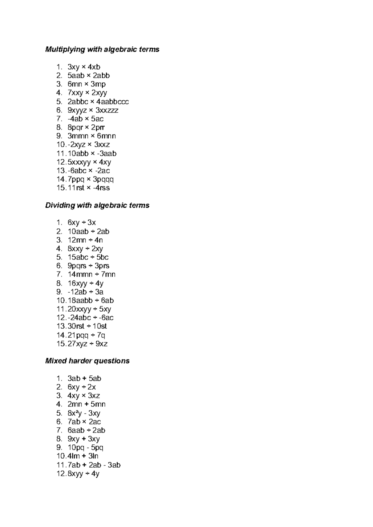 Lesson 7 - Multiplying and Dividing Algebraic Terms - Studocu