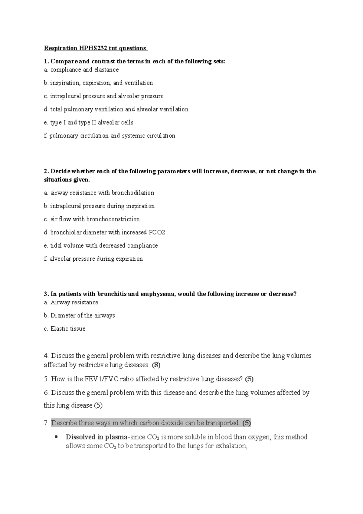 HPHS 232 Respiratory Tutoring Memo Questions and Answers 2024 - Studocu