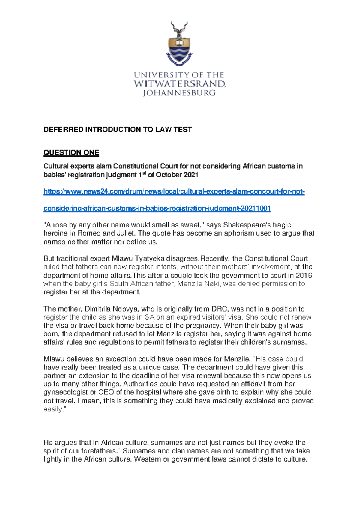 LAW 101: Deferred Test Notes & Practical Questions on Customary Law ...