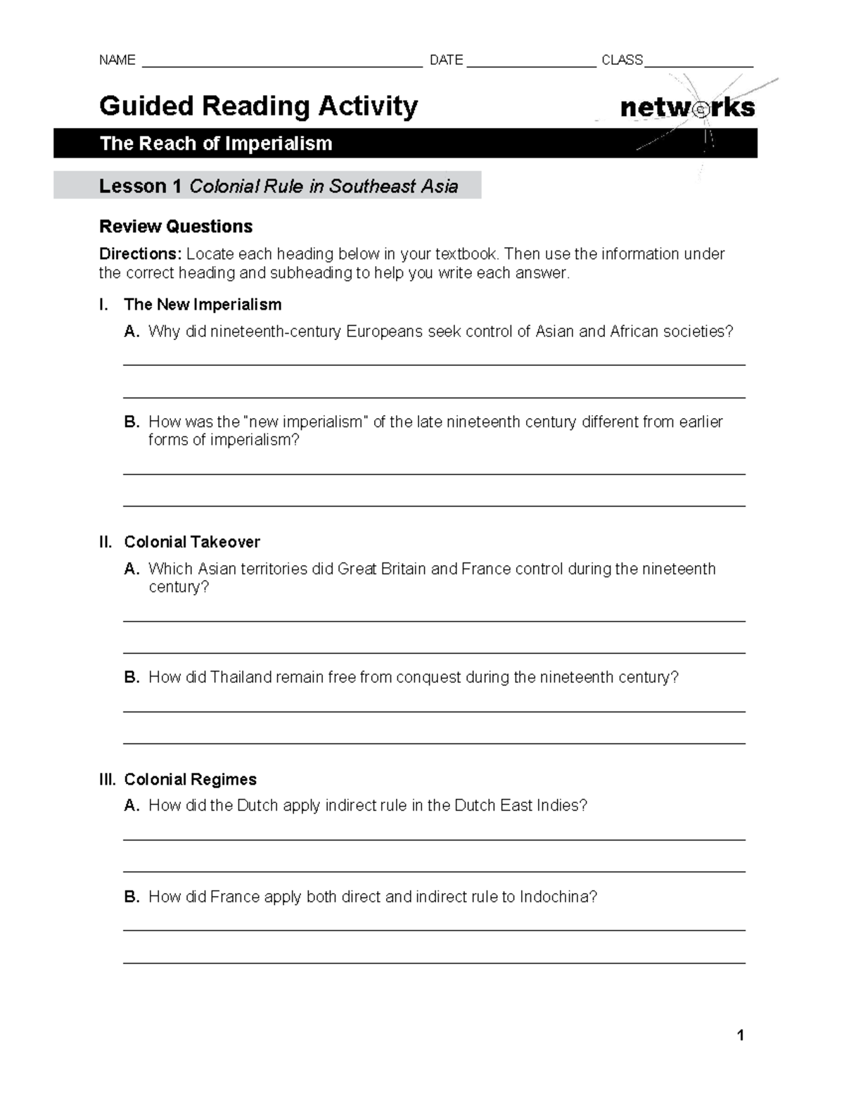Lesson 1: Colonial Rule in Southeast Asia Guided Reading Activity - Studocu