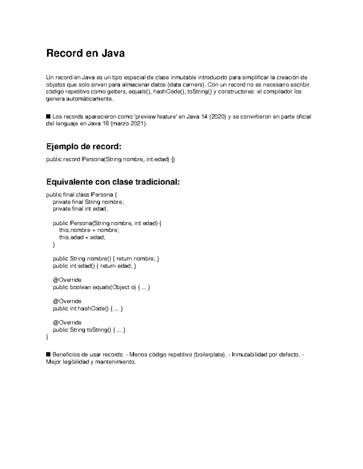 Java Record: Explicación y Beneficios en Programación (Java) - Studocu
