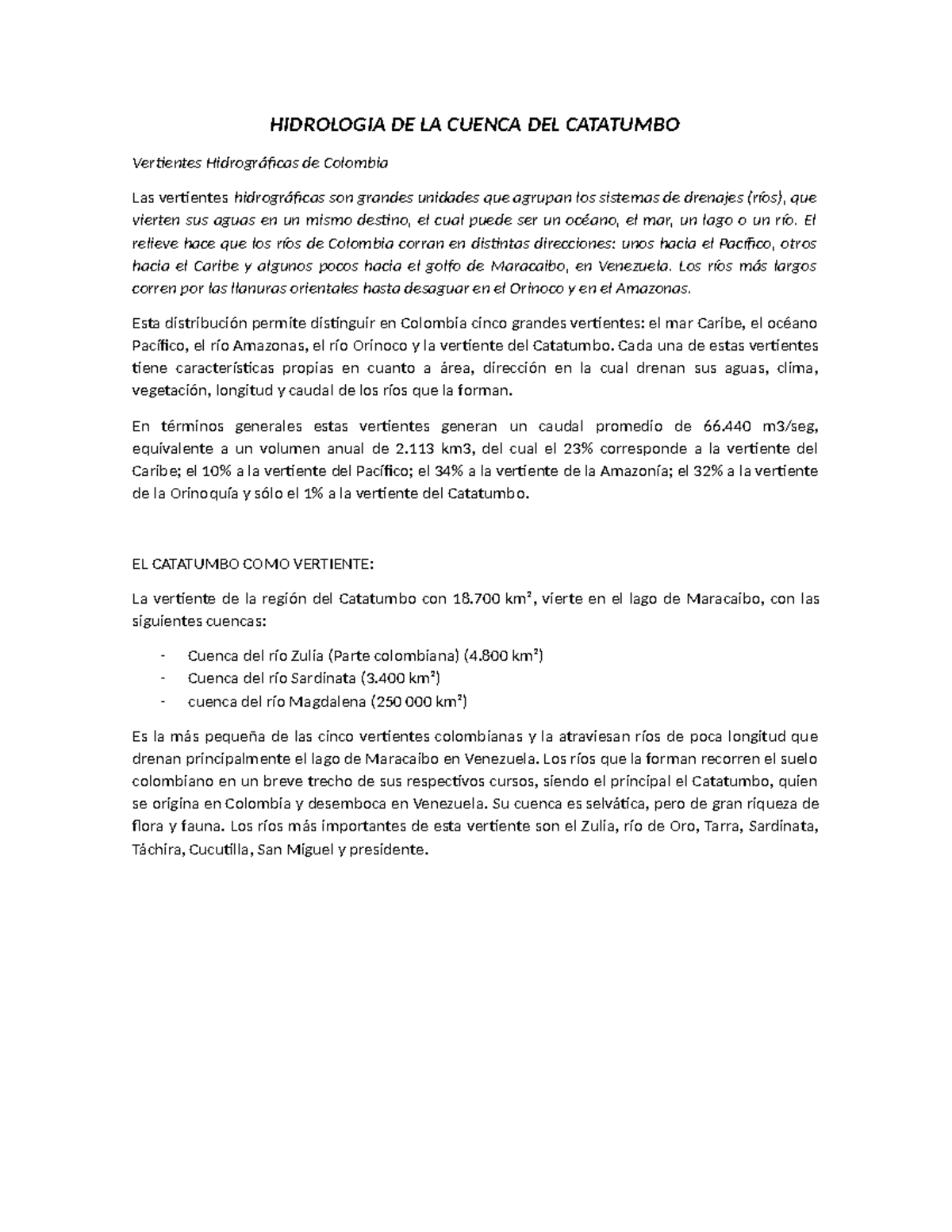 HIDROLOGÍA Y VERTIENTE DEL CATATUMBO: ANÁLISIS COMPREHENSIVO - Studocu