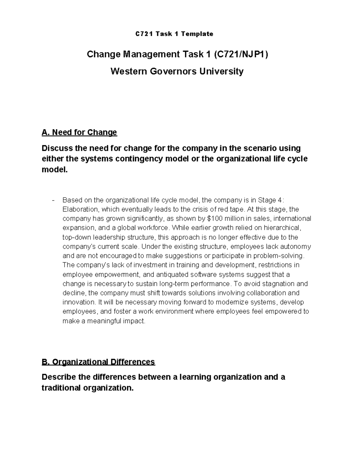 C721 Change Management Task 1: Transitioning to a Learning Organization ...