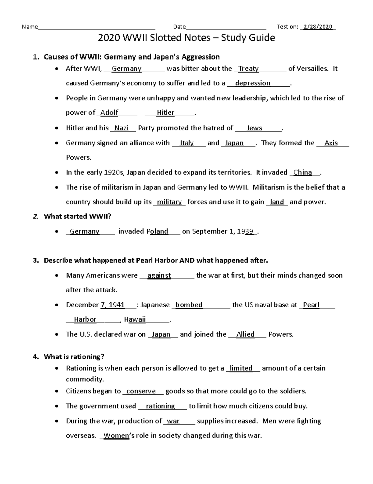 2020 - WWII Causes and Key Events Study Guide Notes - Studocu