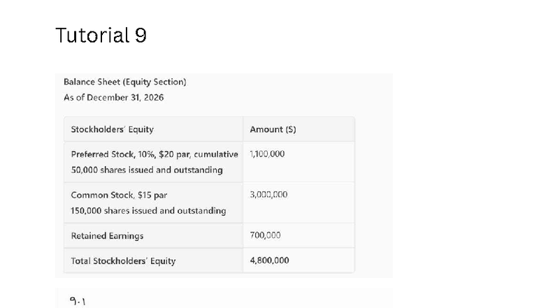 Tutorial 9 - Balance Sheet Equity Section Analysis as of Dec 31, 2026 ...