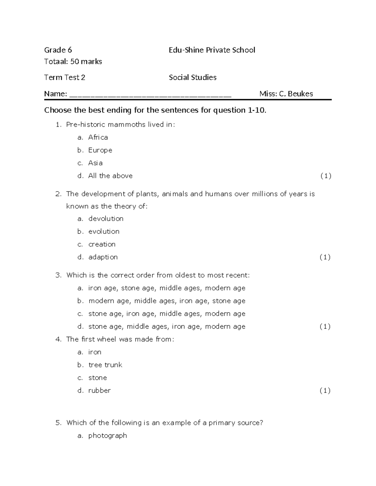 Grade 6 Term Test 2 Social Studies - Total 50 Marks - Studocu