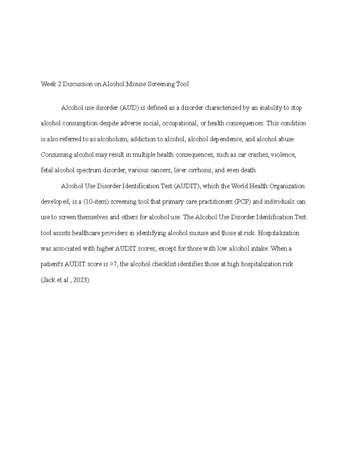 NR503 Week 2 Discussion: Alcohol Use Disorder Screening Tool - Studocu