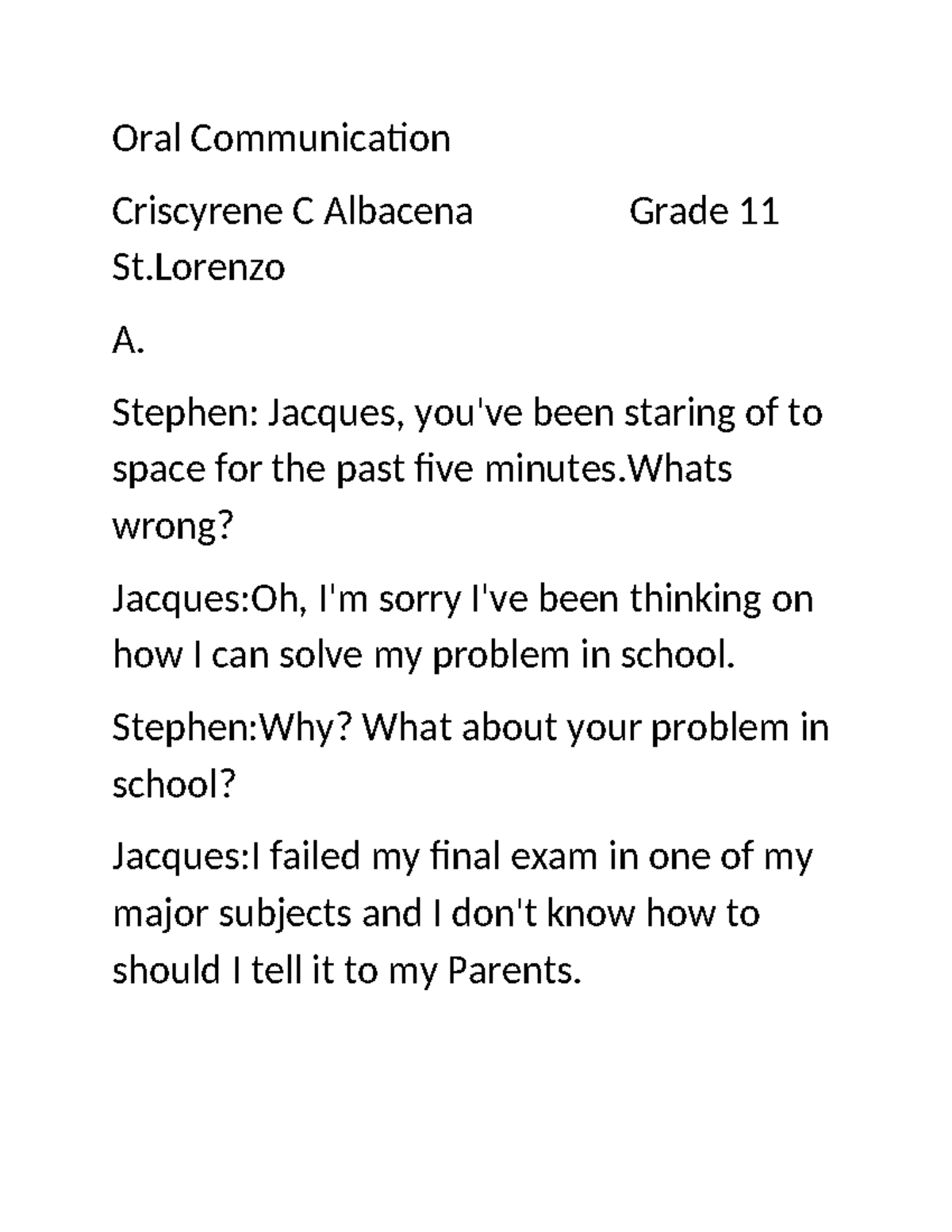 Oral Communication Grade 11 A: Final Exam Reflection - Studocu