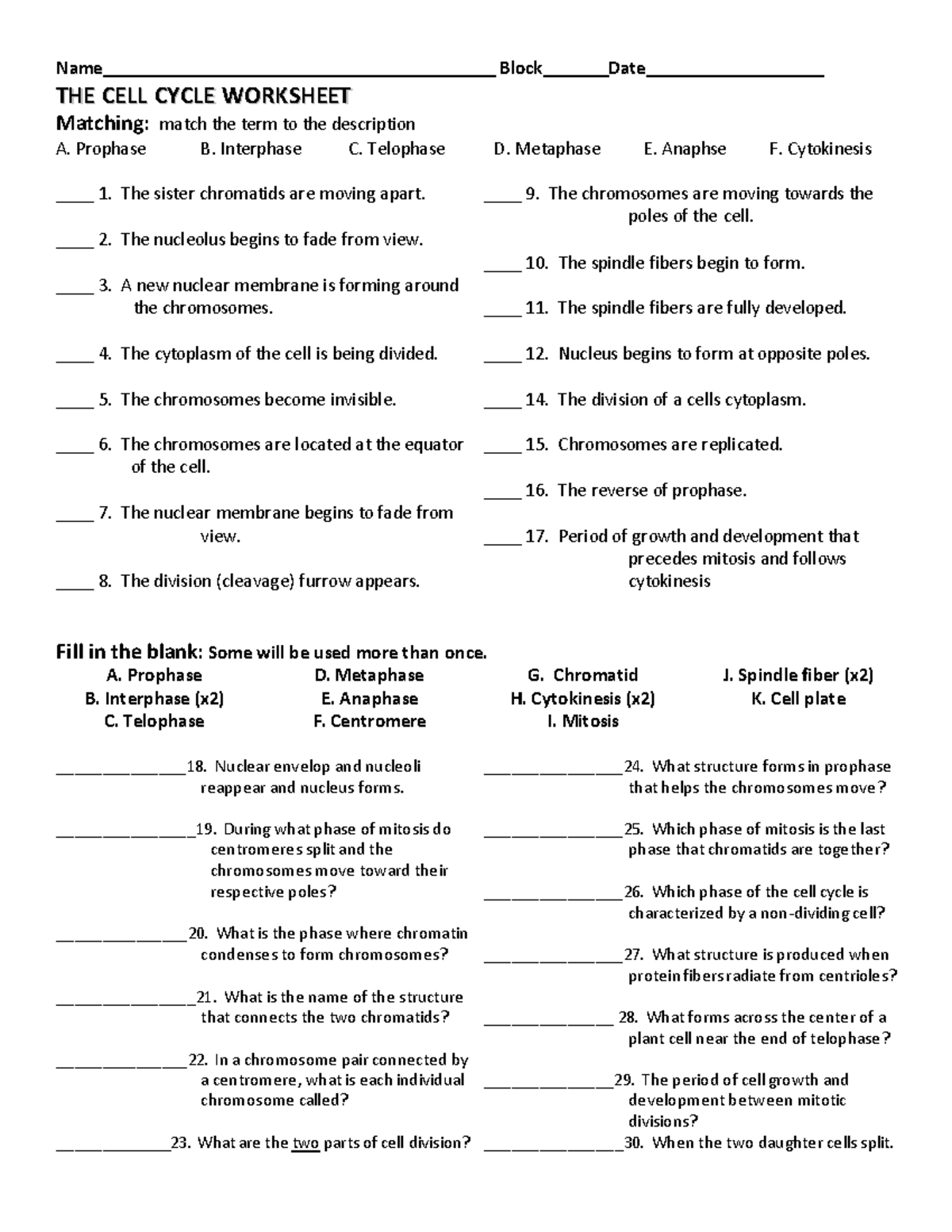 Cell Cycle Worksheet - Matching and Fill-in-the-Blank - Studocu