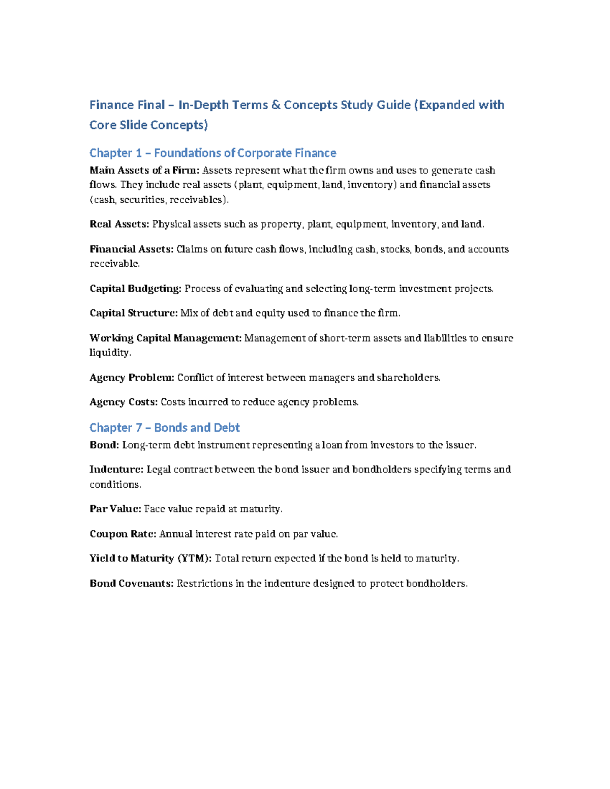 Finance Final Exam Terms Concepts Study Guide (Expanded) - Studocu