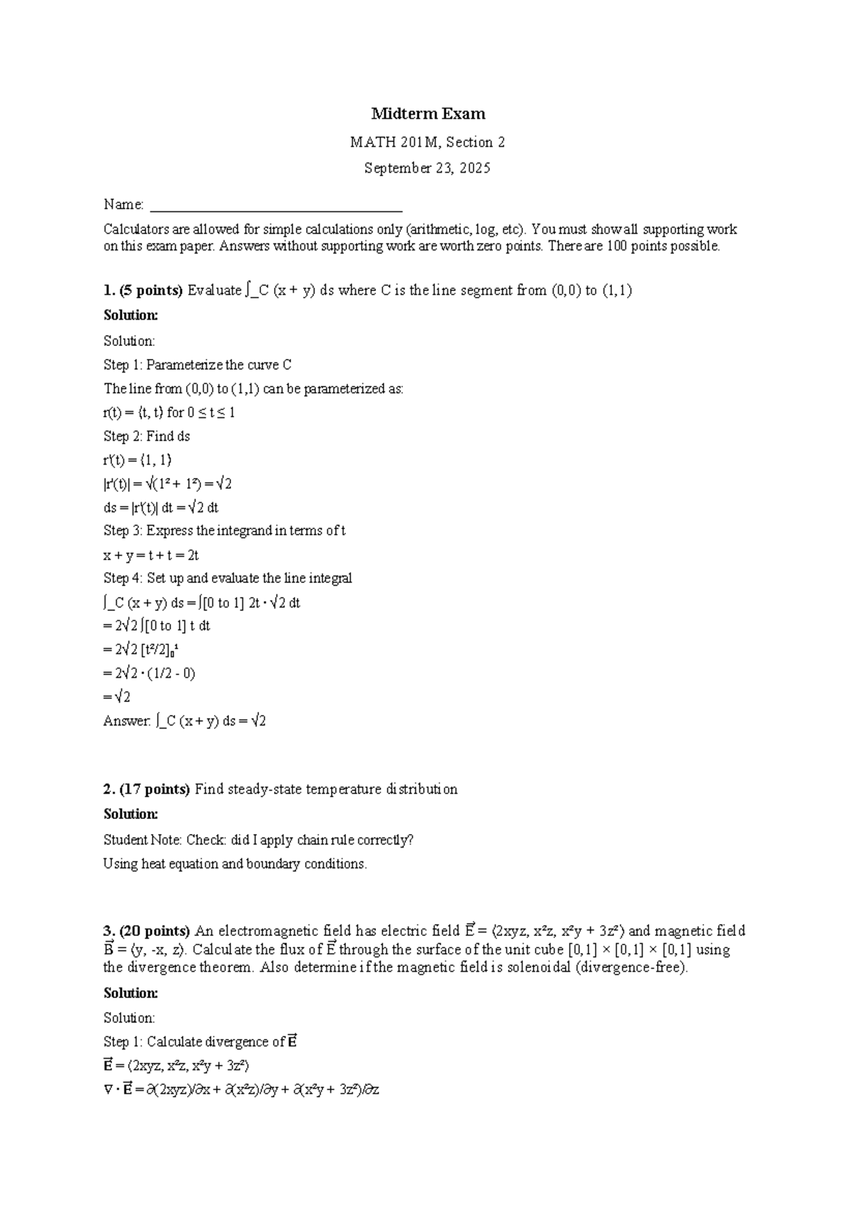 MATH 201M Midterm Exam Solutions - September 23, 2025 - Studocu