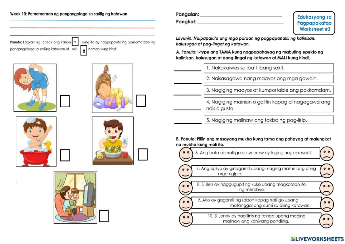 Pagpapakatao Worksheets: Kalinisan at Pangangalaga sa Sariling Katawan ...