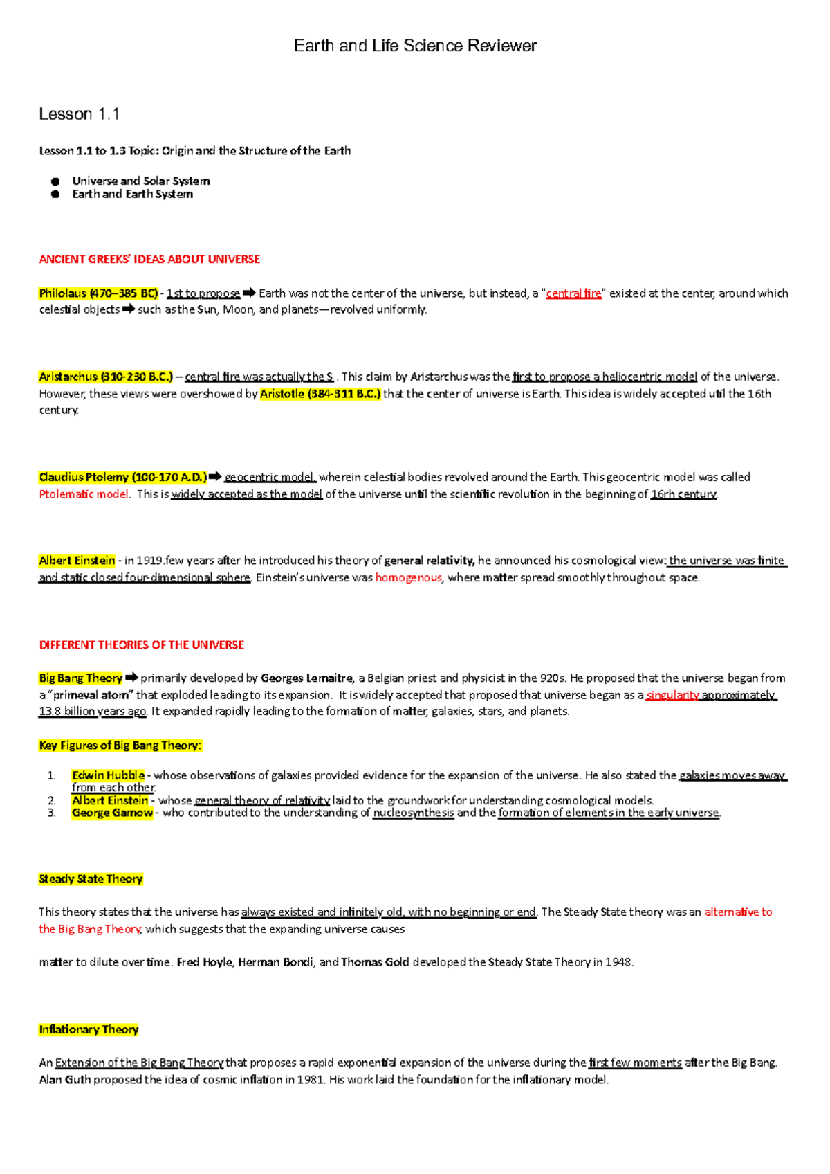 Earth and Life Science Reviewer (Lessons 1.1 to 1.3) - Studocu