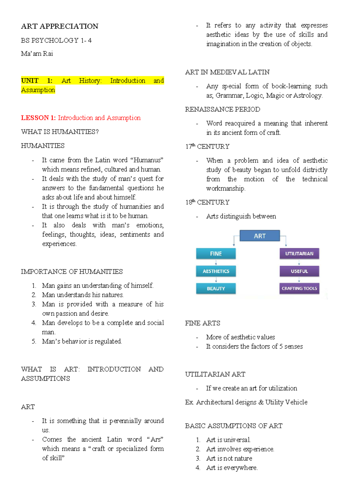 ART APPRECIATION BS PSYCHOLOGY 4: Understanding Aesthetics and ...