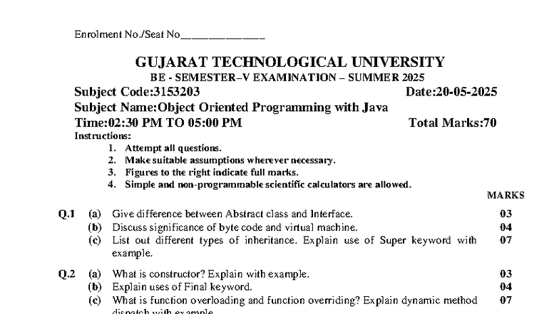 3153203 - Summer 2025 - Object Oriented Programming with Java Exam ...