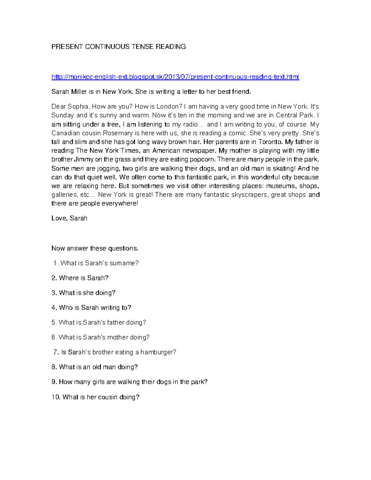 Present Continuous Tense Reading-2 - PRESENT CONTINUOUS TENSE READING ...