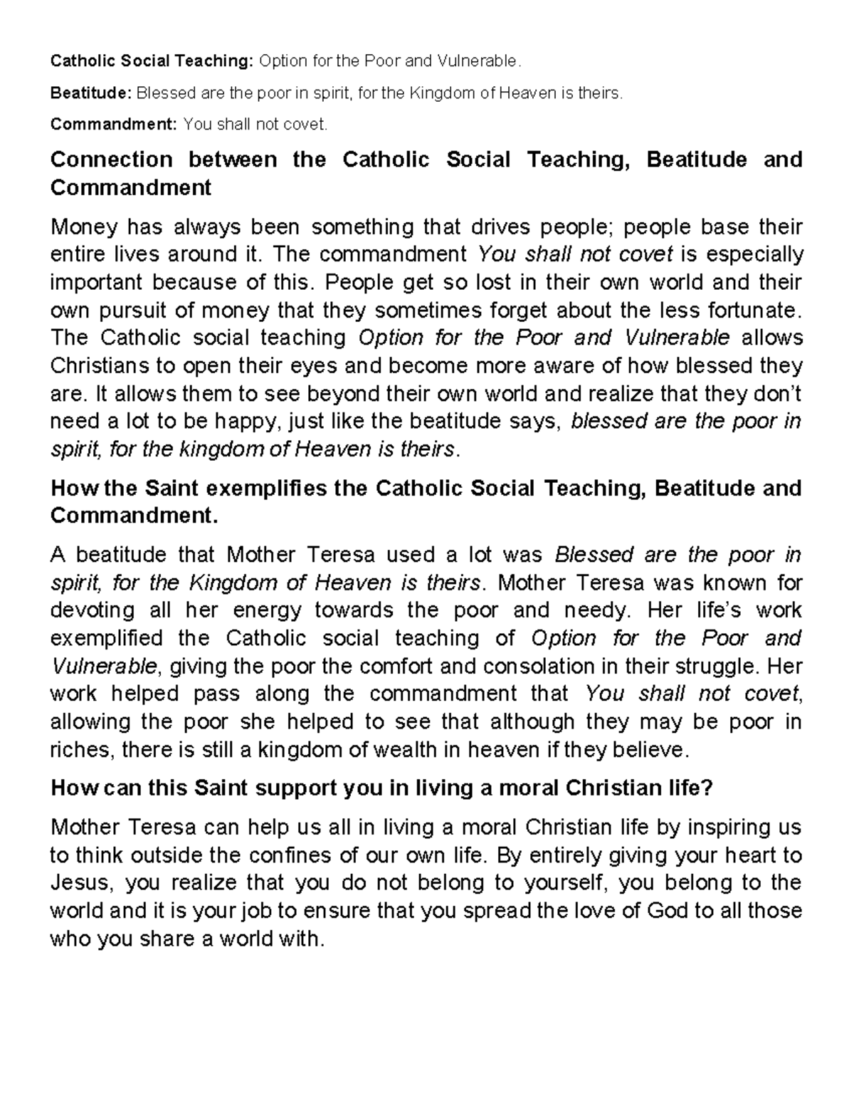 Religion Culminating Task - Catholic Social Teaching: Option for the ...