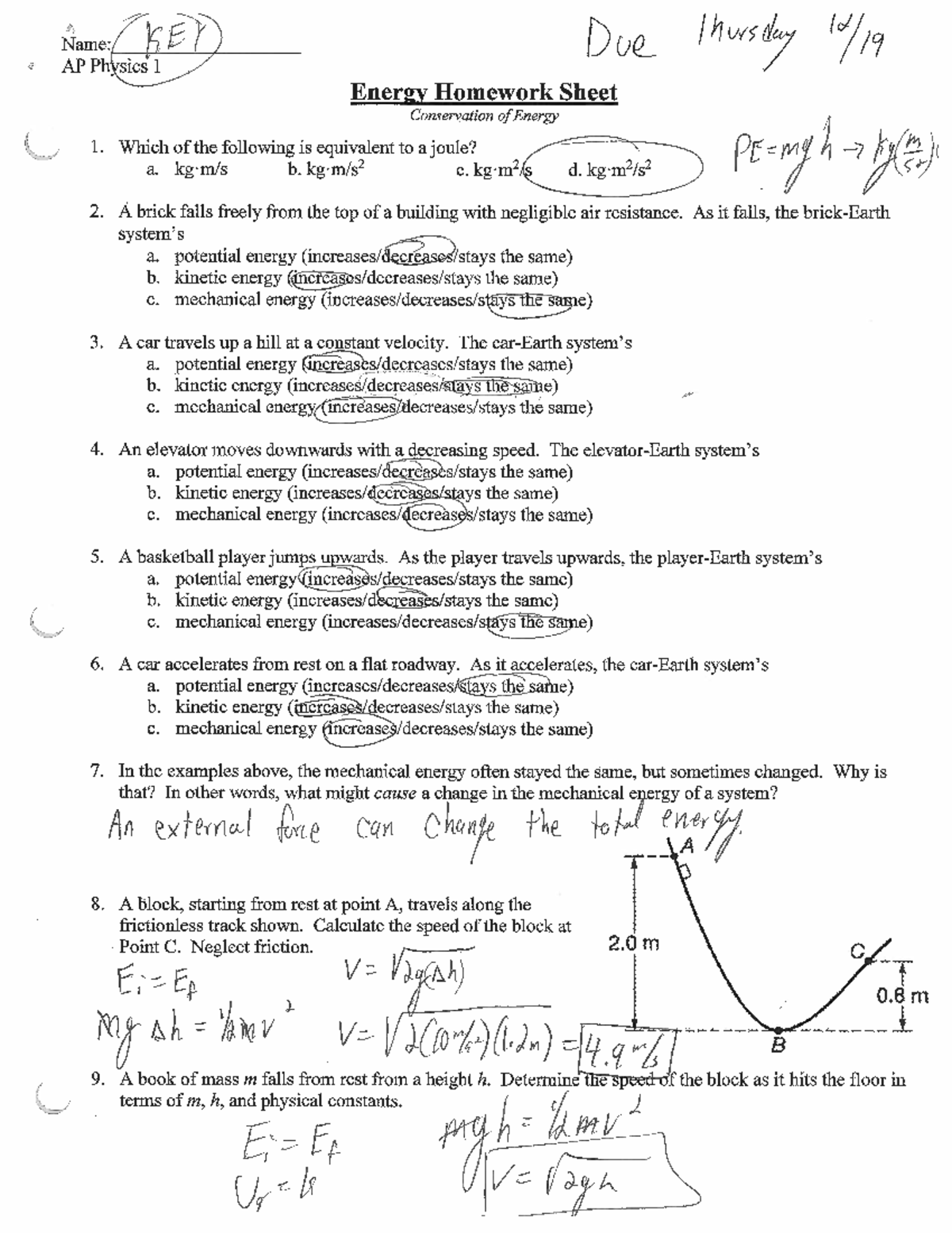 AP Physics 1: Energy Homework Sheet Key - Conservation of Energy - Studocu