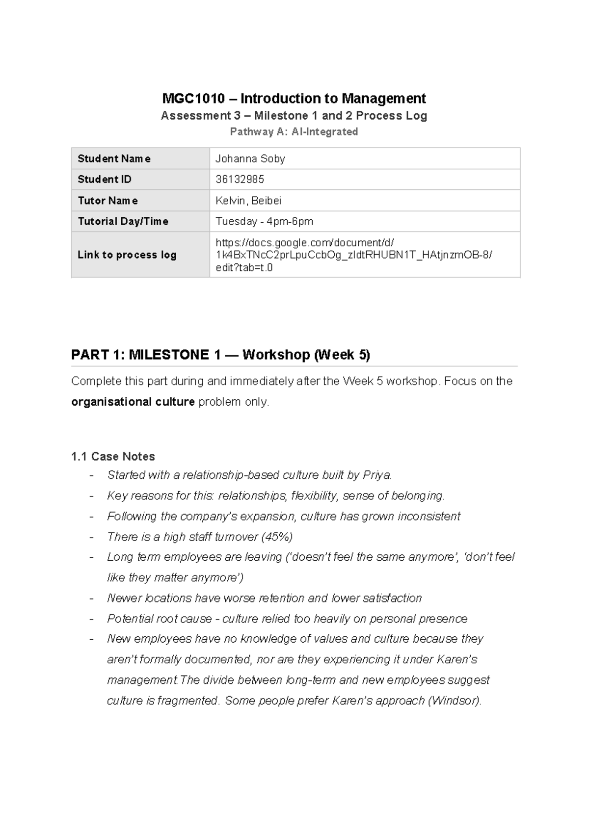 MGC1010 Introduction to Management Assessment 3: Milestone 1 Process ...