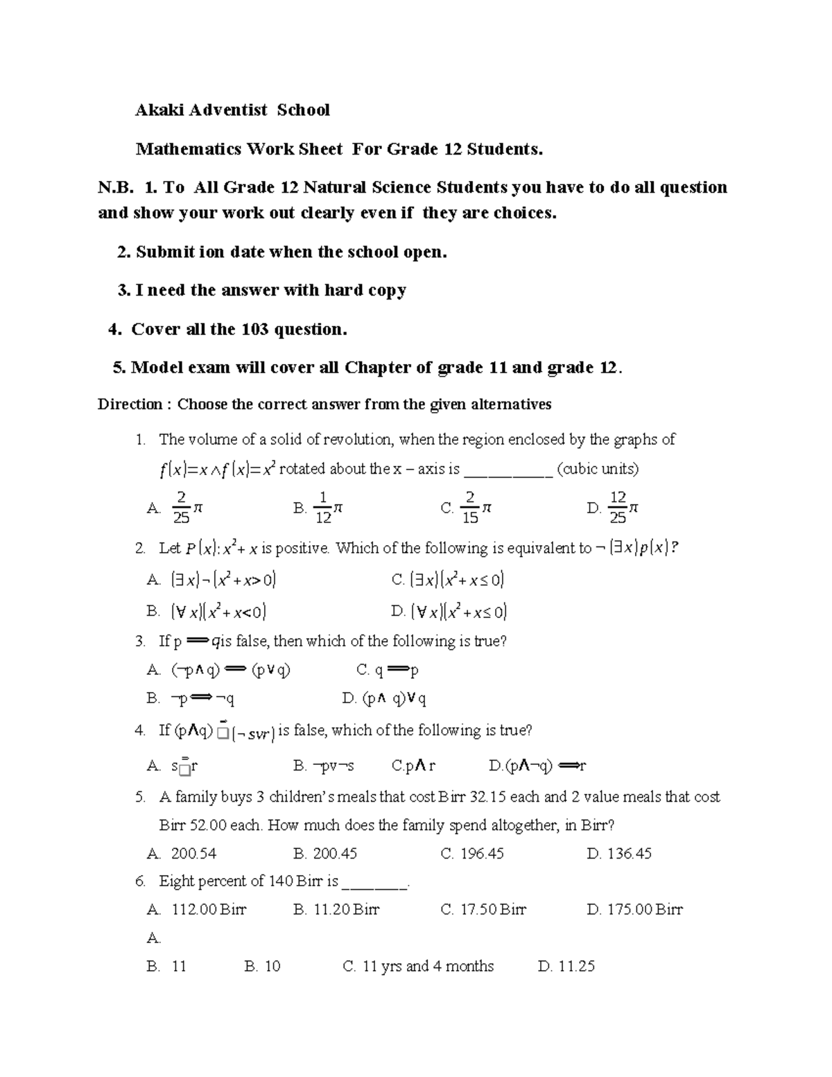 Mathematics Worksheet for Grade 12 Students (WS3) - Studocu