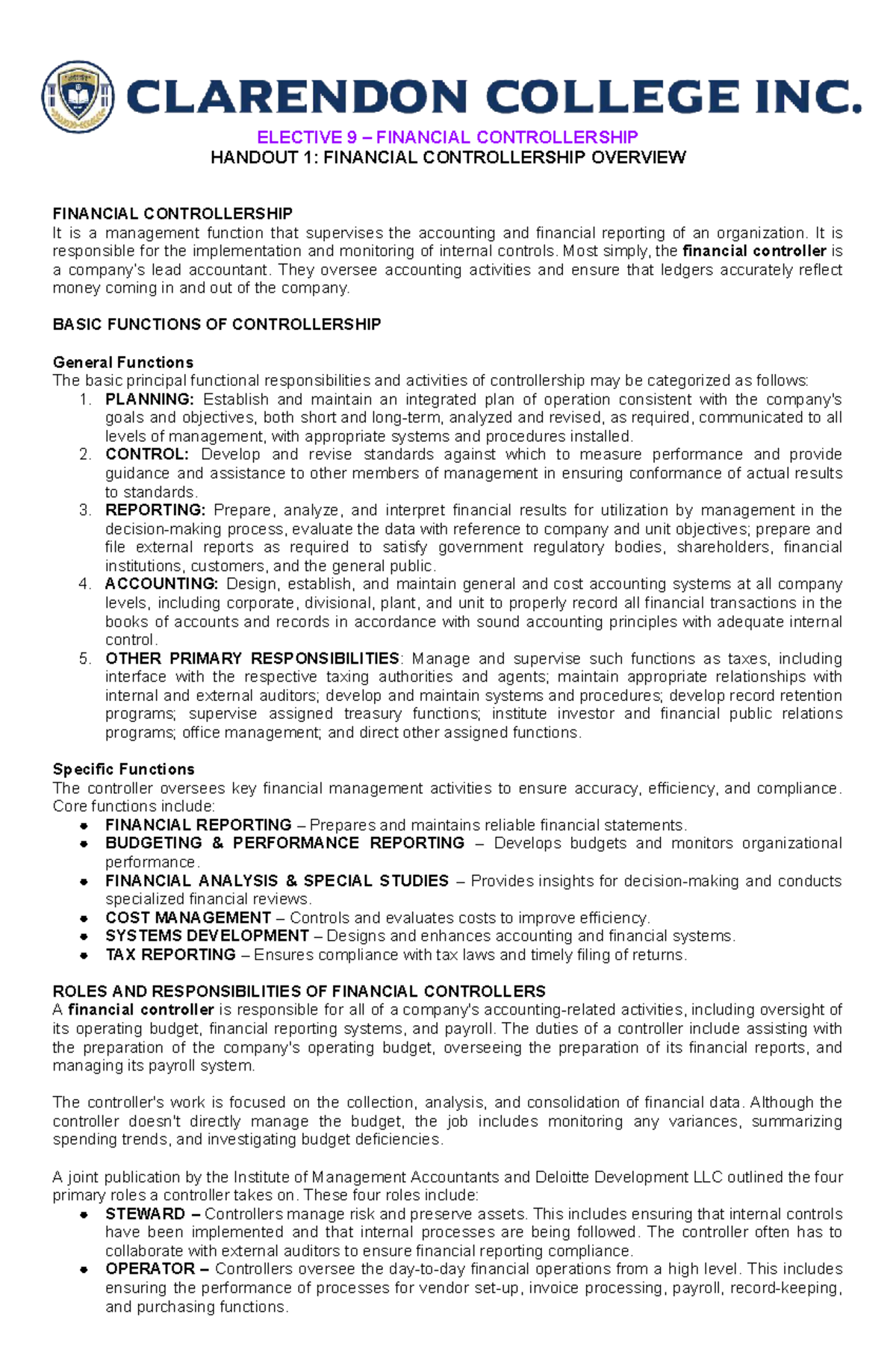 ELECTIVE 9: Financial Controllership Handout 1 - Overview - Studocu