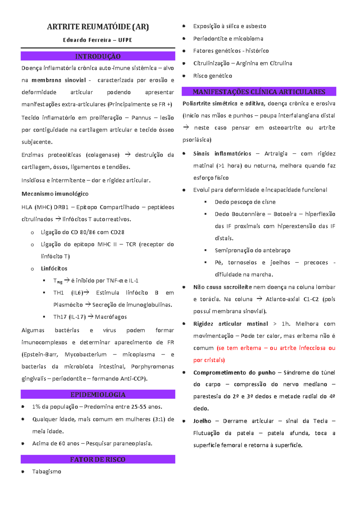 Artrite reumatóide - Resumo de reumatologia - UFPE - Warning: TT: undefined function: 32 ARTRITE ...