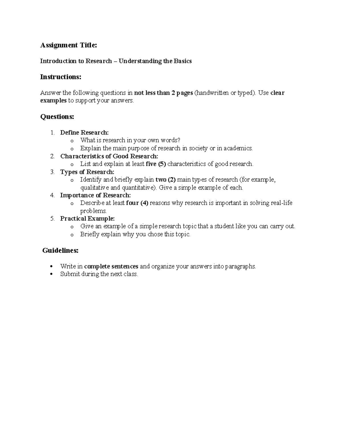 Research Assignment: Understanding the Basics of Research - Studocu