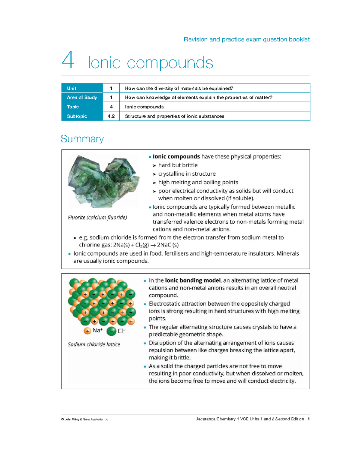 Ionic Bonding Revision Booklet and Practice Questions VCE Chemistry ...