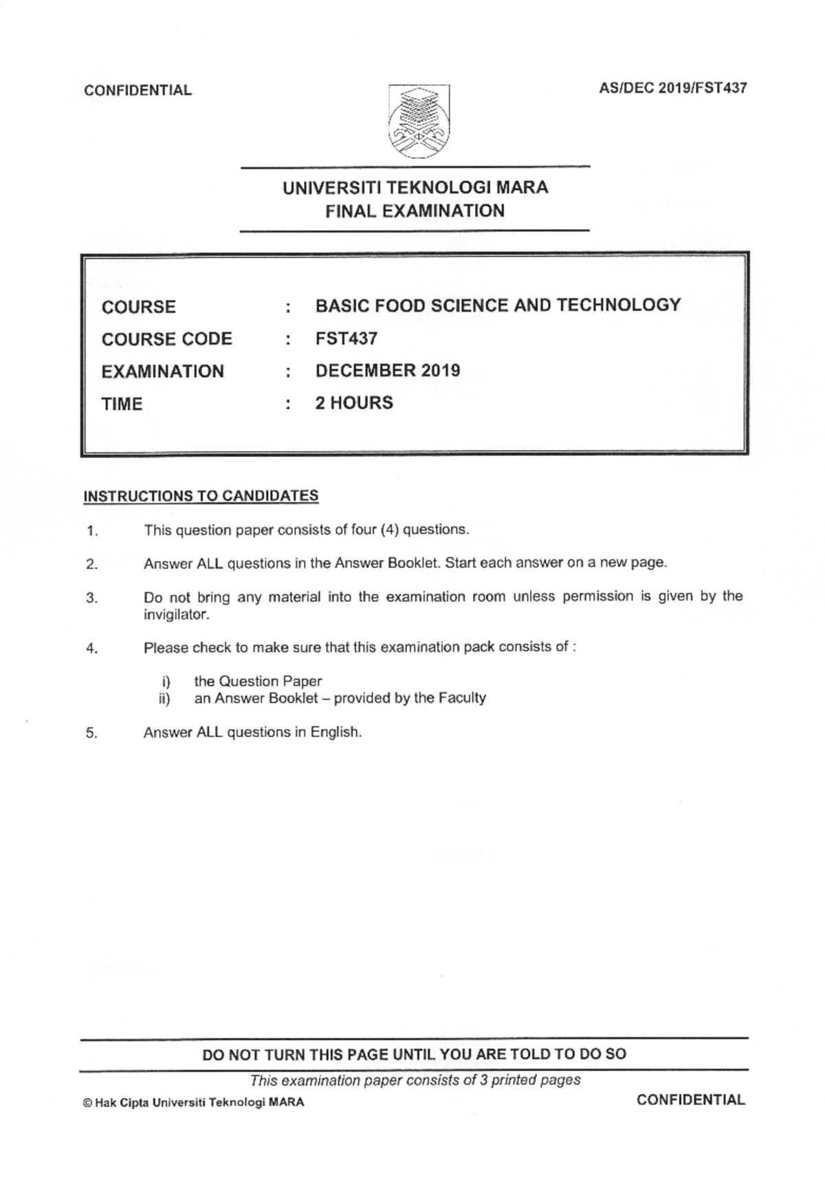 FST437 Final Examination December 2019: Basic Food Science & Technology ...