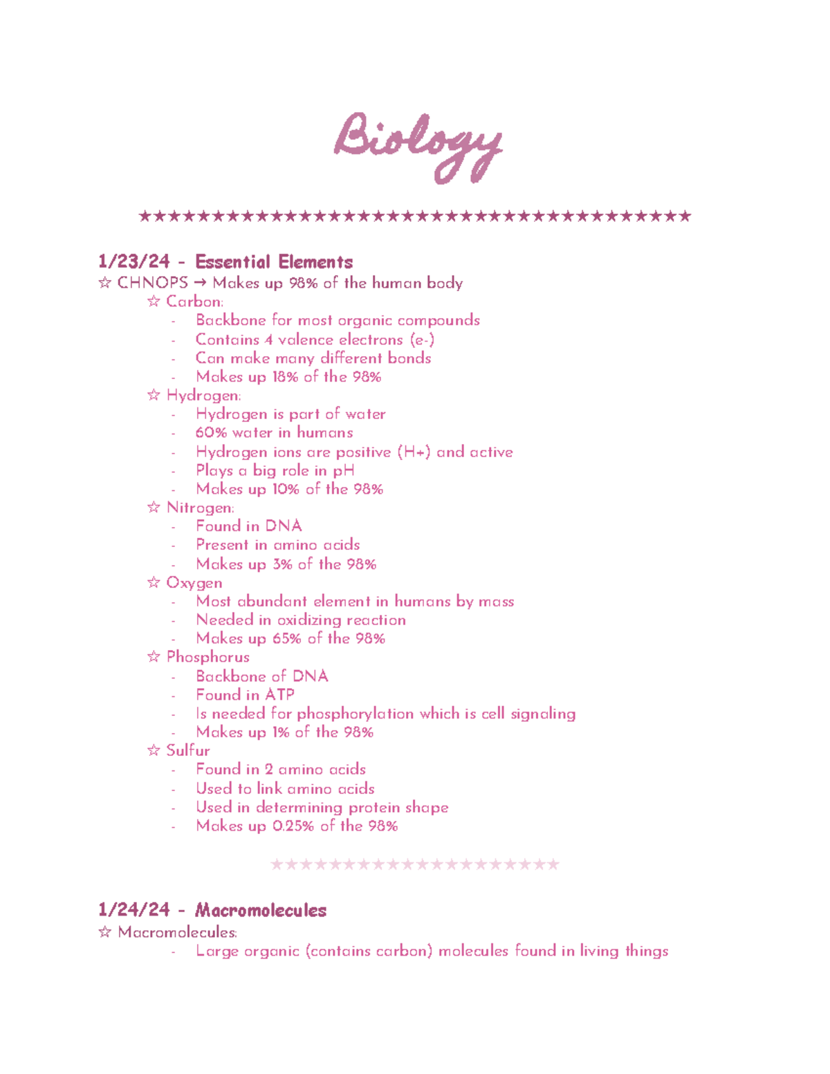 Biology 101: Essential Elements and Macromolecules Overview - Studocu