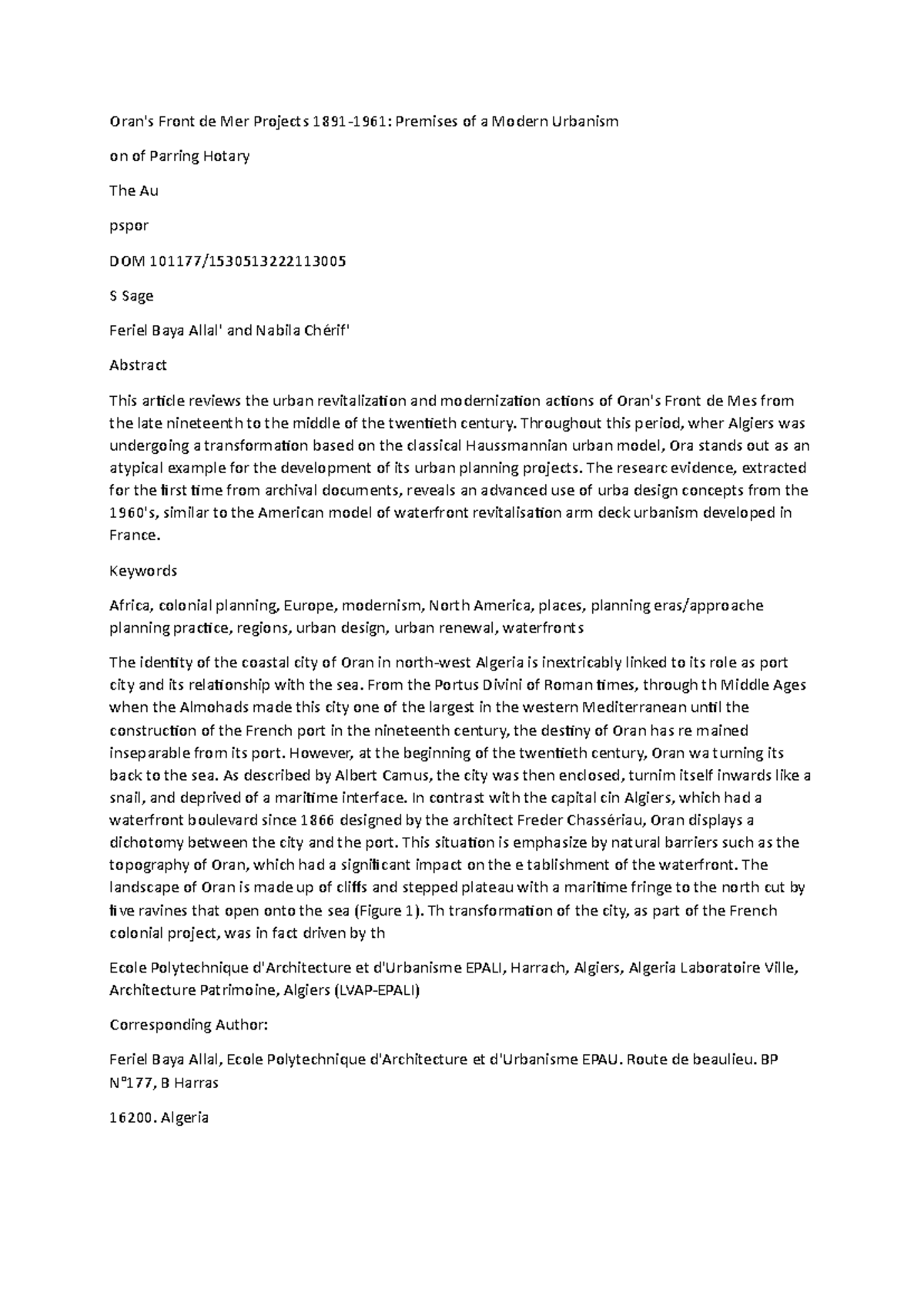 HA - Lecture: Urban Revitalization and Modernism in Oran's Front de Mer ...