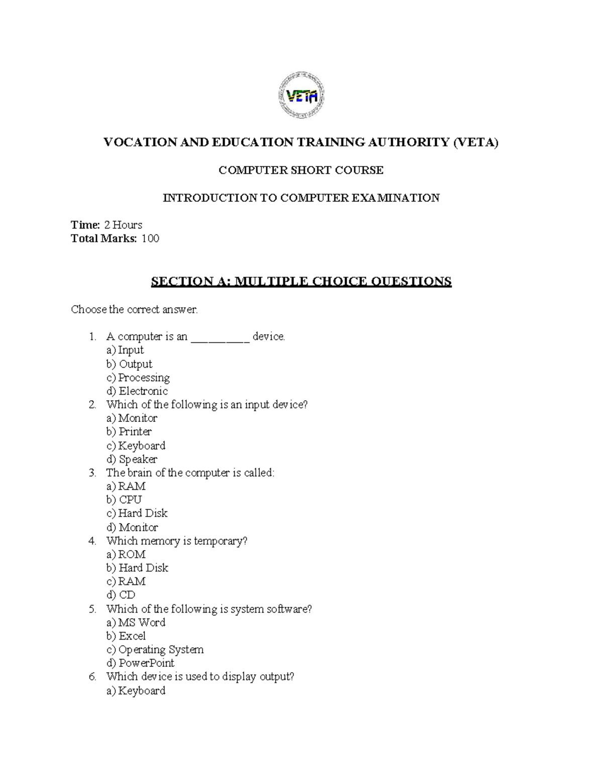 VETA Computer Short Course Exam: Introduction to Computers - Studocu