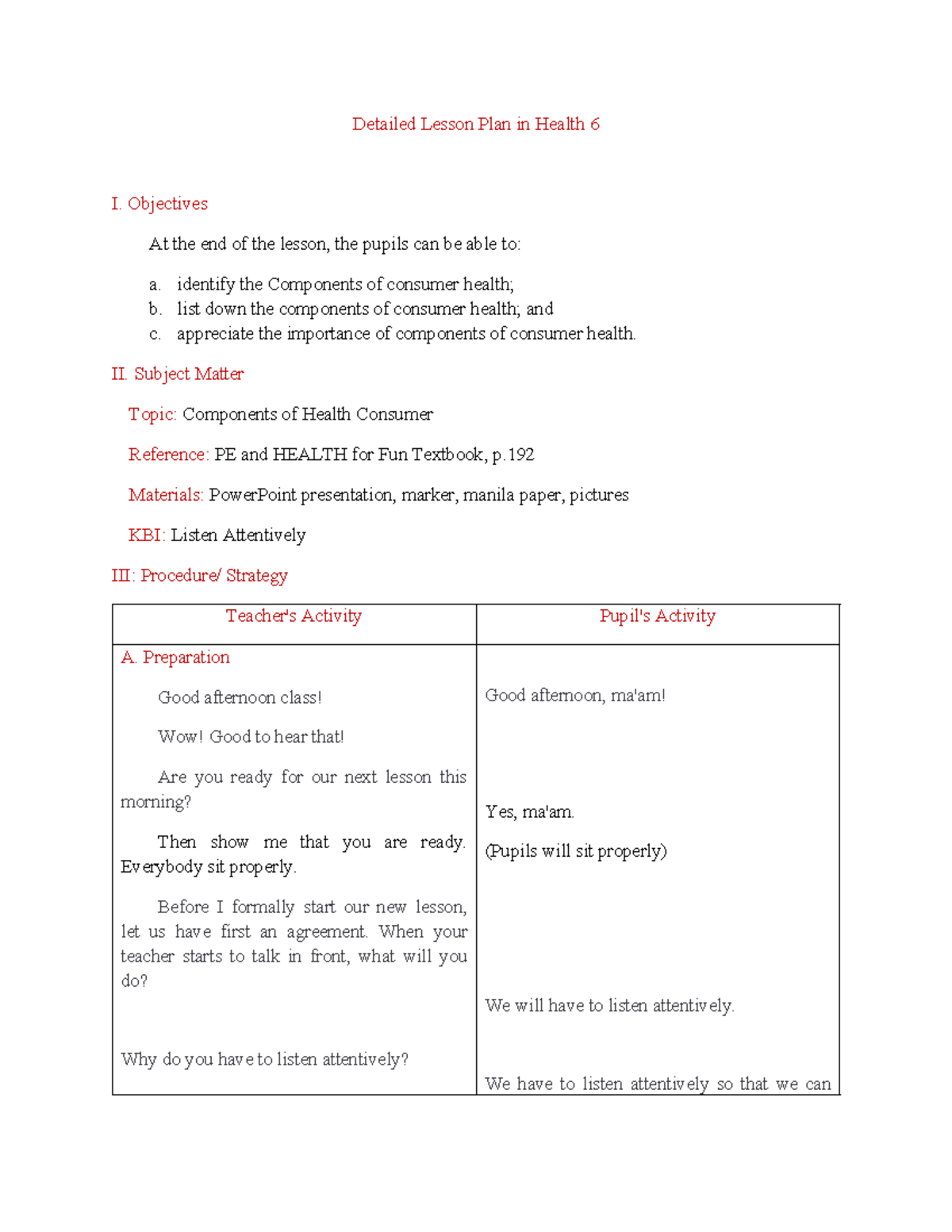 Health 6: Detailed Lesson Plan on Consumer Health Components - Studocu