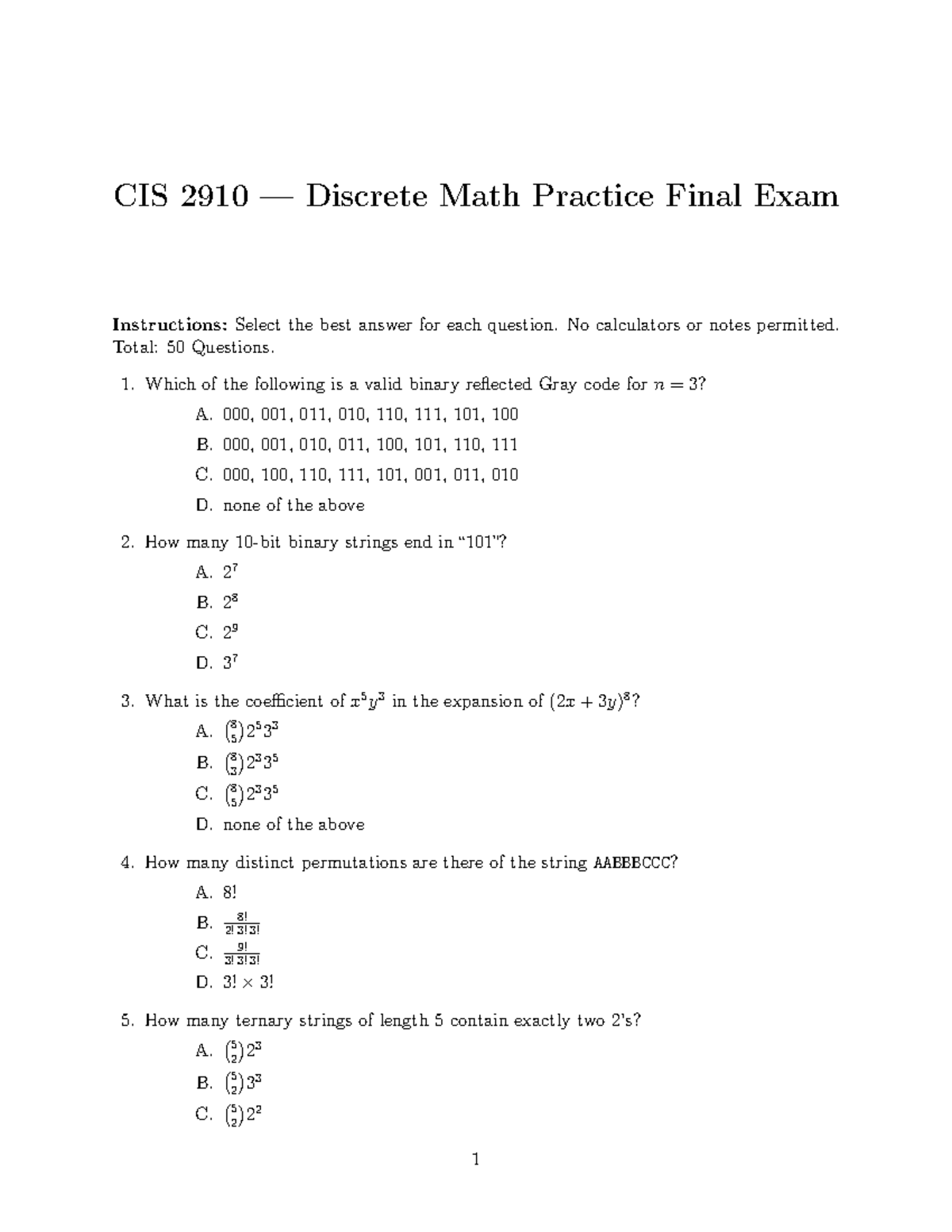 CIS 2910 Discrete Math Final Exam Practice Questions - Studocu