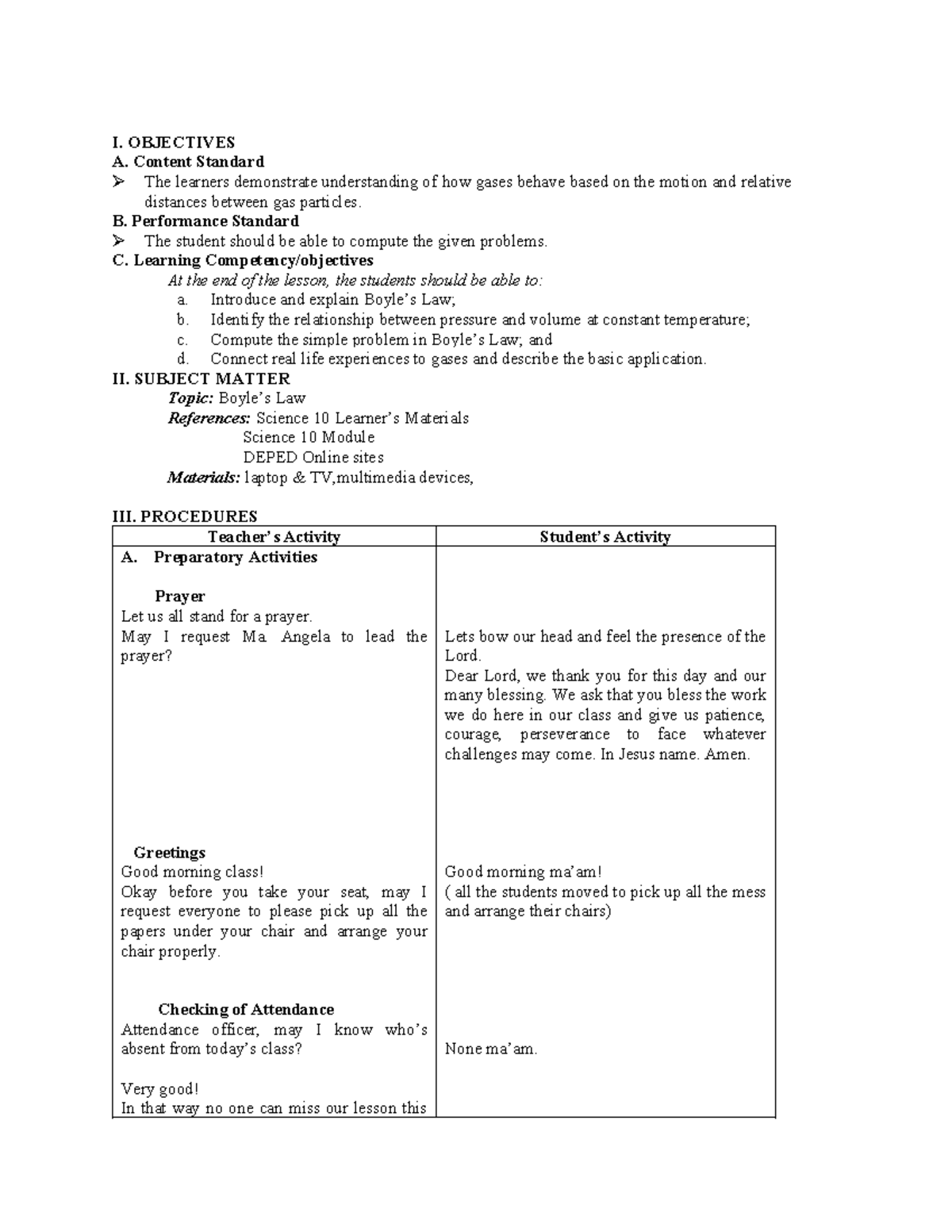 Boyle's Law - Science 10 Lesson Plan on Gas Behavior - Studocu
