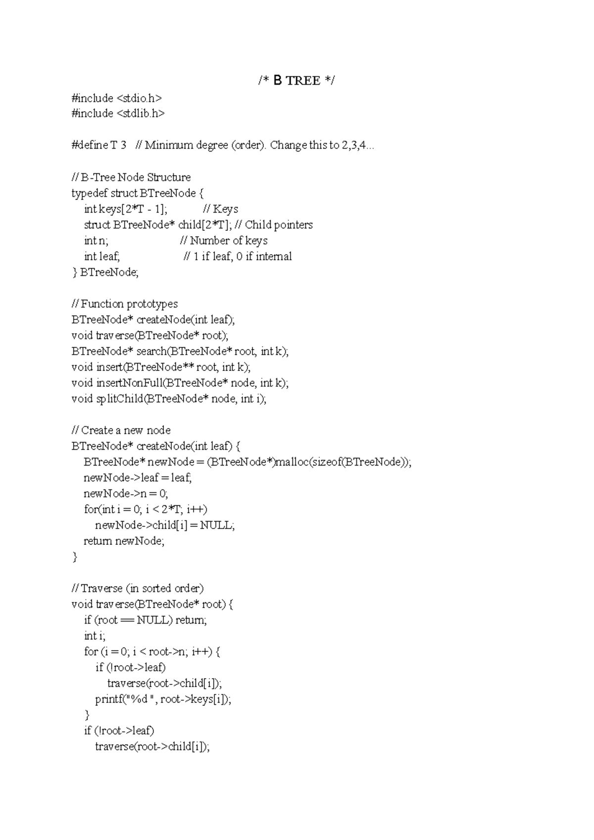 B TREE T 3 Program: Node Structure & Function Prototypes - Studocu