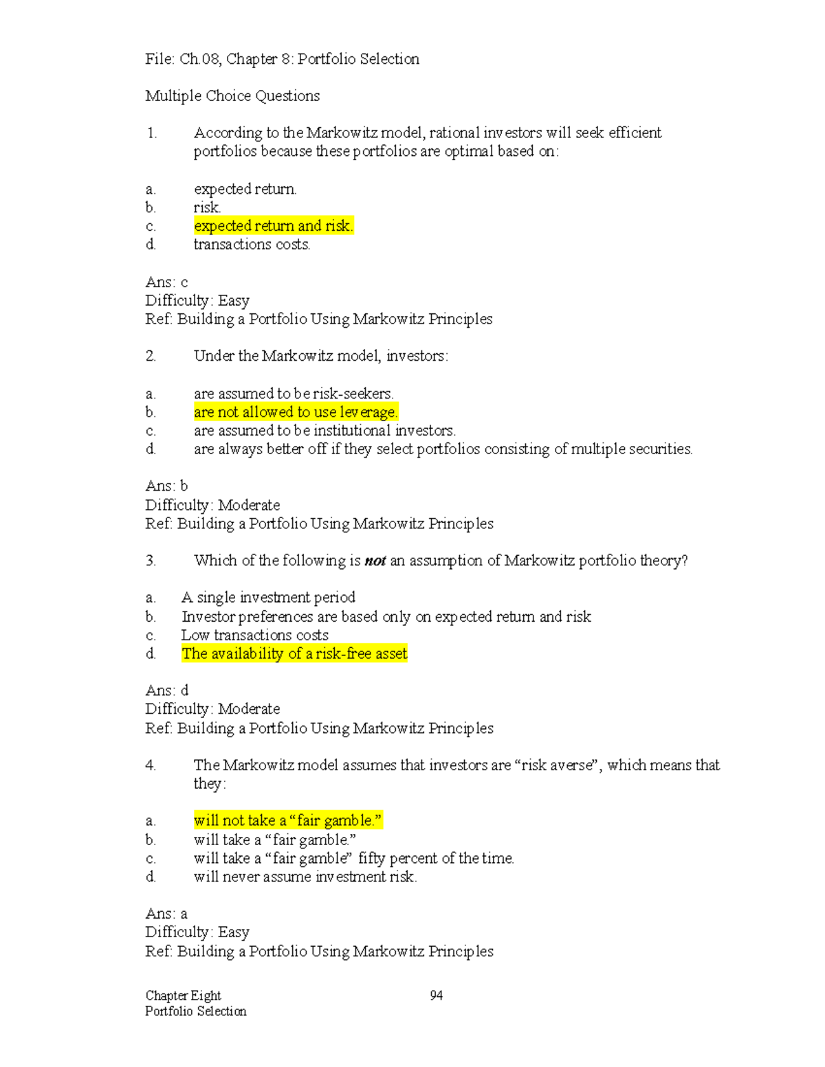 Ch08 - good resource - File: Ch, Chapter 8: Portfolio Selection Multiple Choice Questions 1 ...