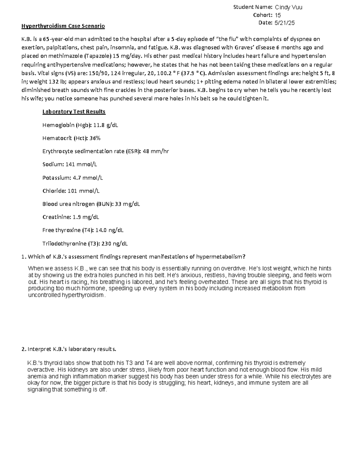 Hyperthyroidism Case Study: K.B.'s Clinical Assessment & Management ...