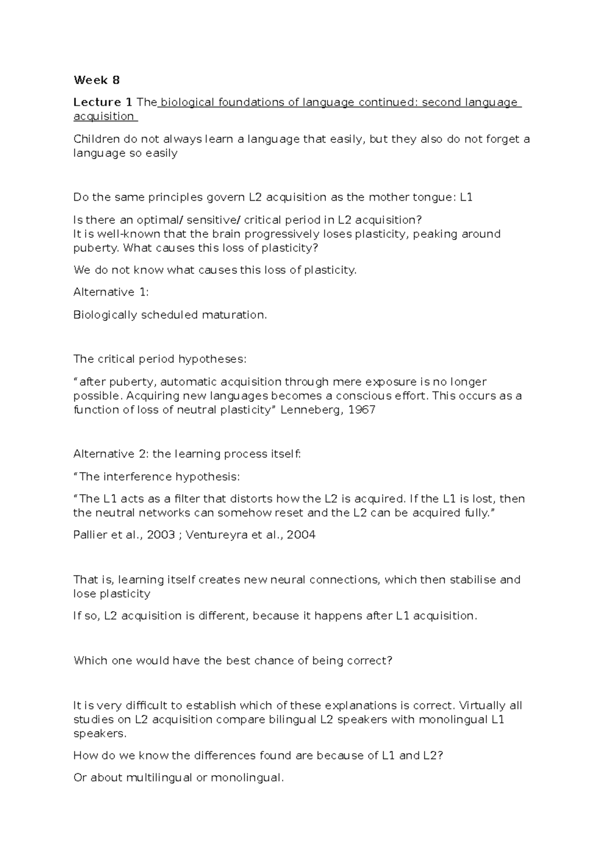 Week 2 SLA Theories - Overview of First Two Lectures in General ...