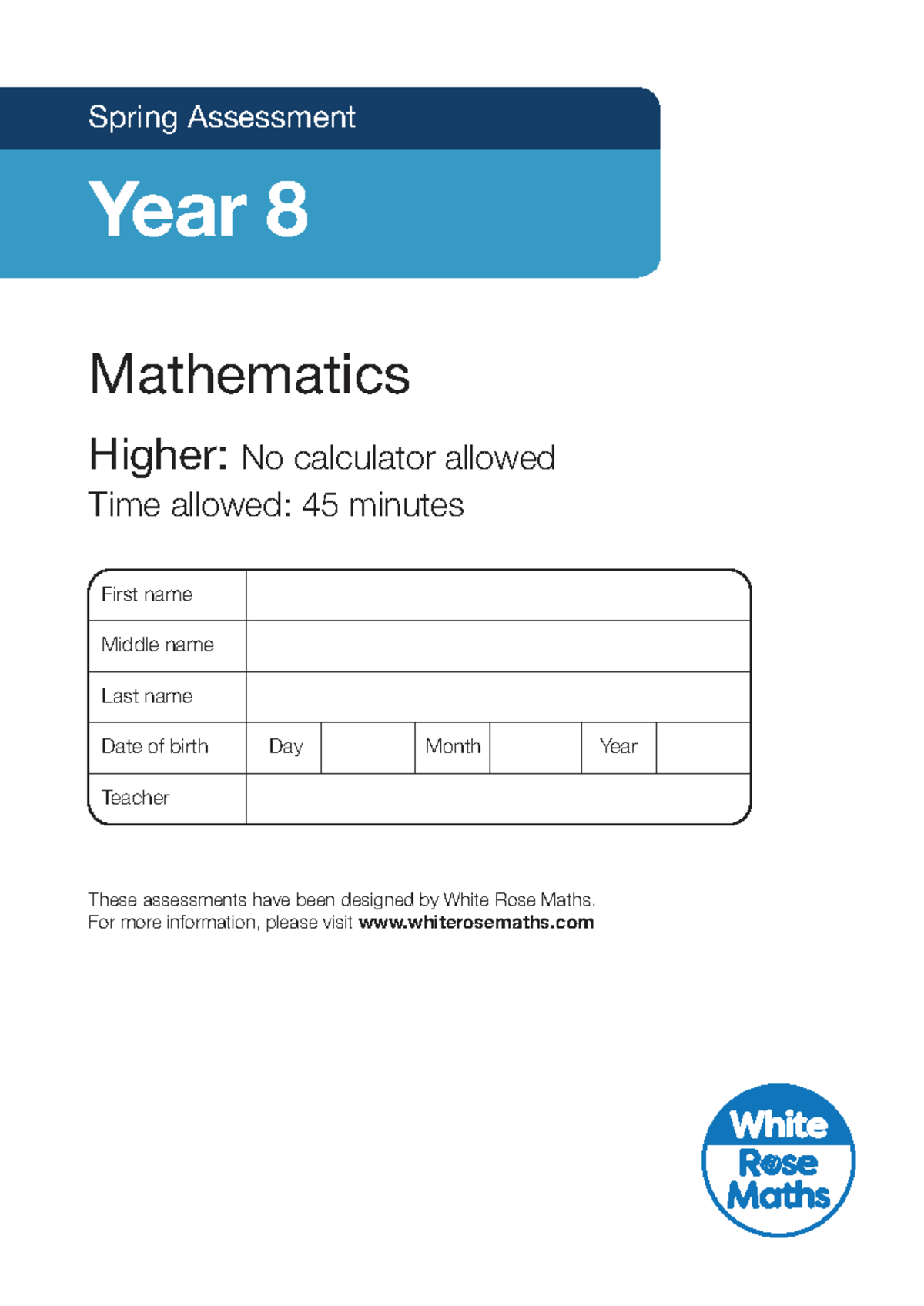 Year 8 Spring Assessment: Higher Mathematics (No Calculator) - Studocu