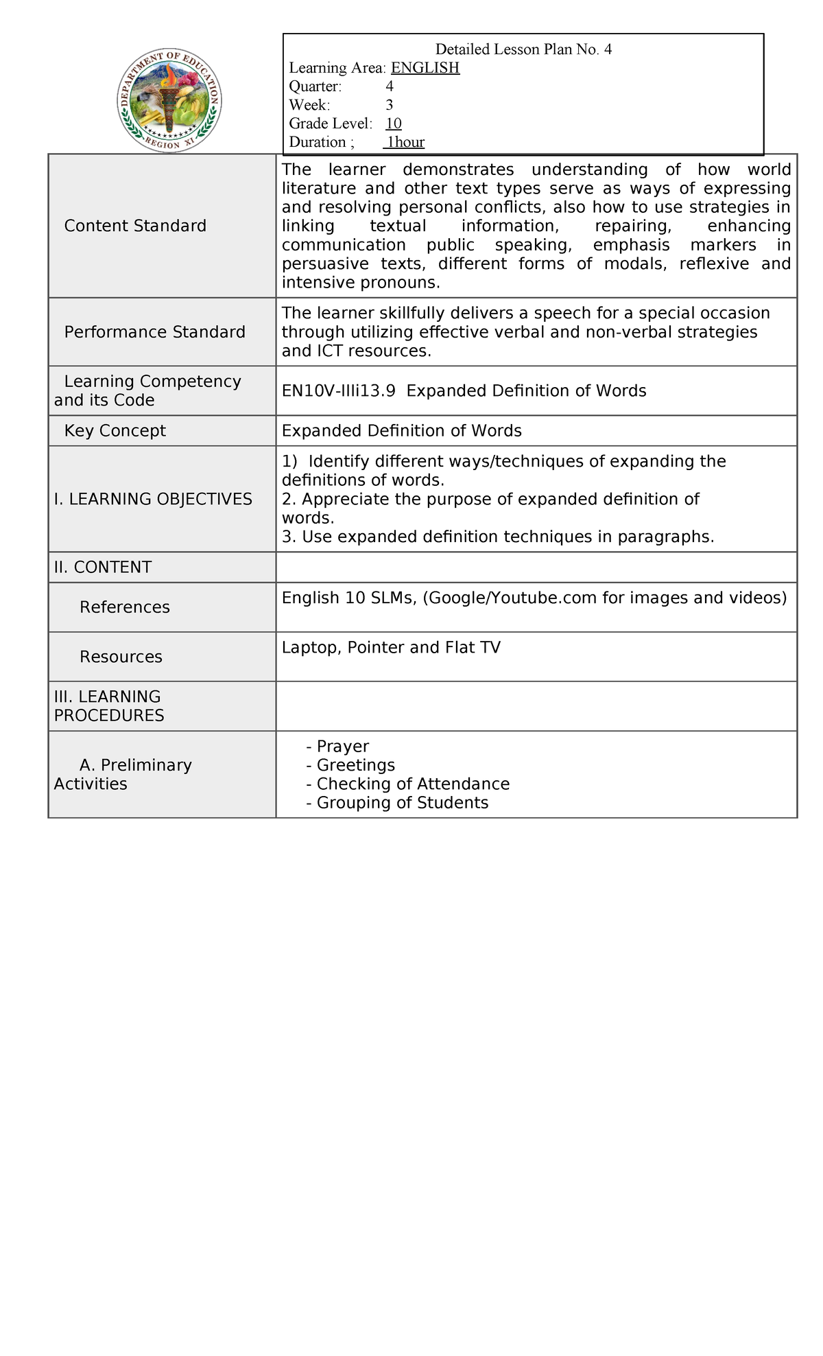 Expanded definition of words Lesson Plan - Content Standard The learner ...