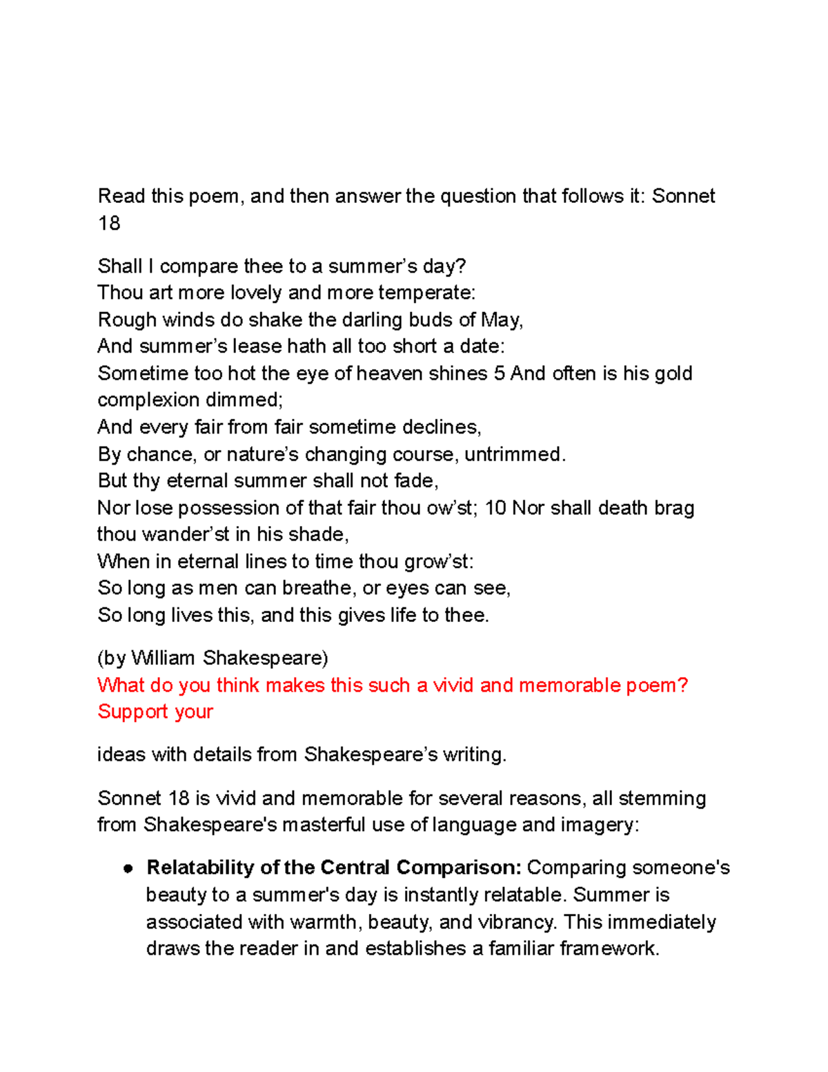 Sonnet 18 notes - Read this poem, and then answer the question that ...
