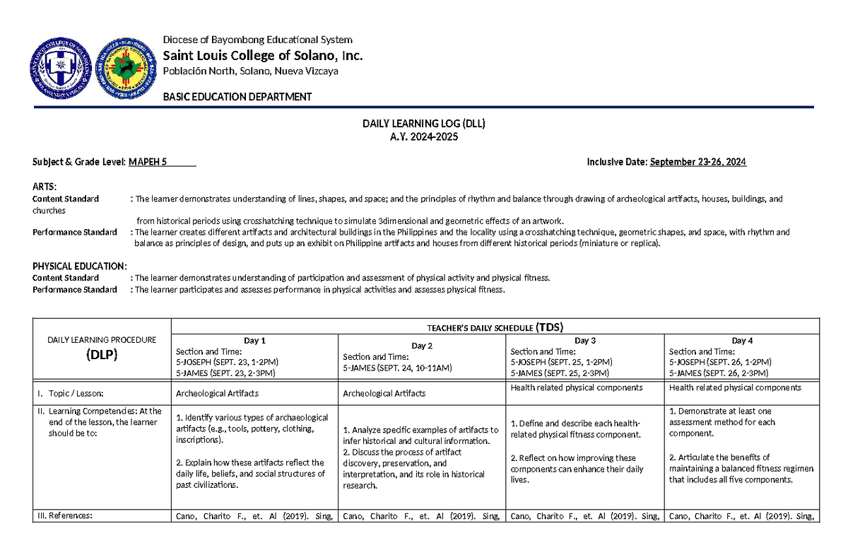 MAPEH 5 Daily Learning Log (DLL) for Sept 23-27, 2024 - Studocu