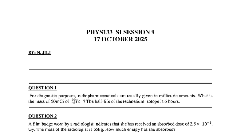 PHYS133 SI SESSION 9 - TRY IT QUESTIONS & SOLUTIONS - Studocu