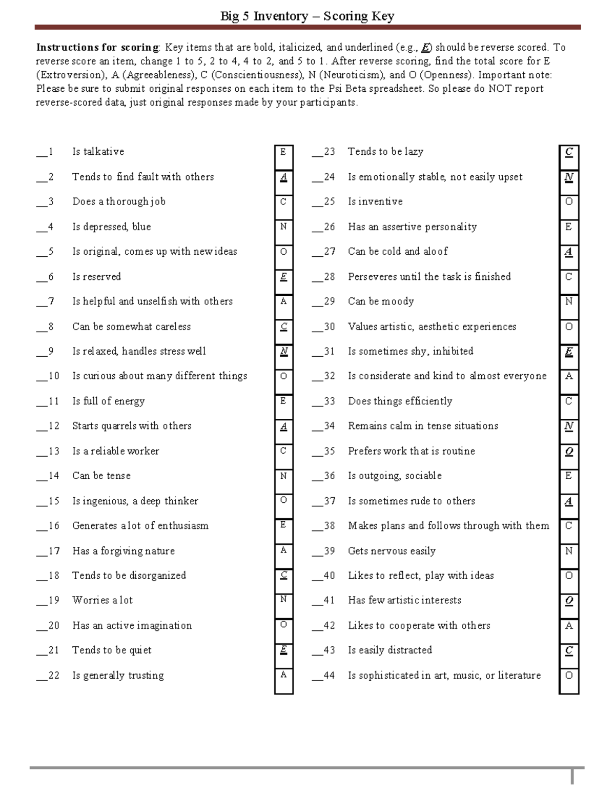 Big Five Inventory key - Big 5 Inventory – Scoring Key Instructio ns ...